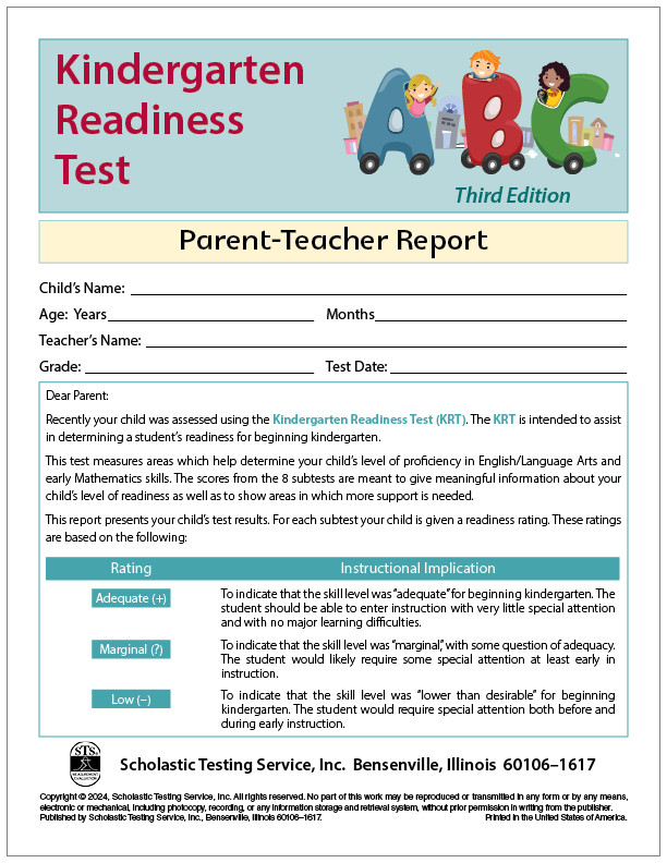 Kindergarten Readiness Test, 3rd Edition: Parent/Teacher Report , STS ...
